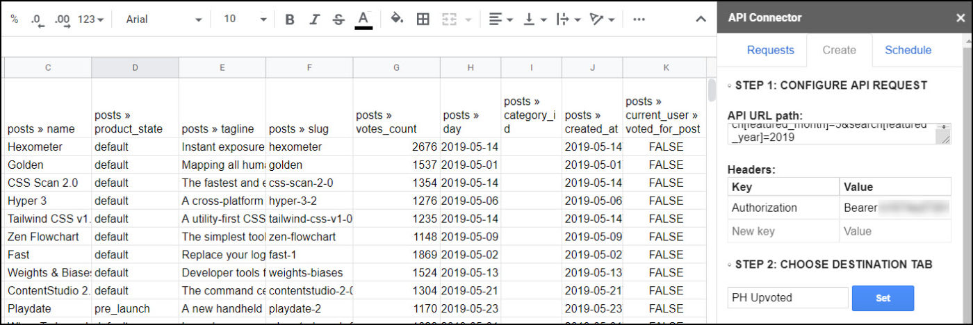 Import Product Hunt API Data to Google Sheets [2021] | API Connector