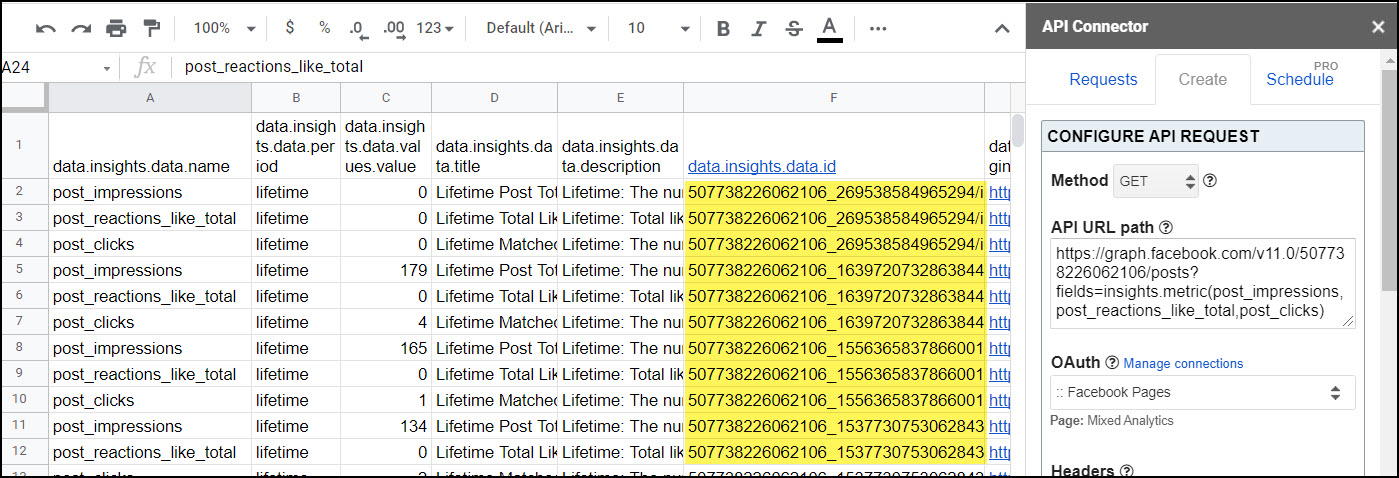 Import Facebook Page API Data to Google Sheets [2021] | API Connector