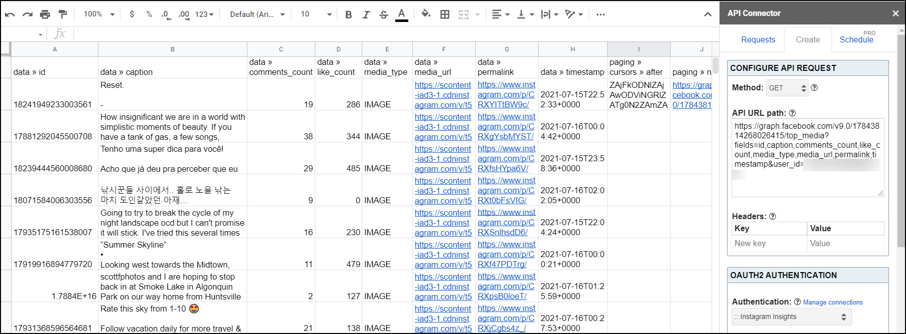 Import Instagram Insights API Data to Google Sheets [2021] | API Connector